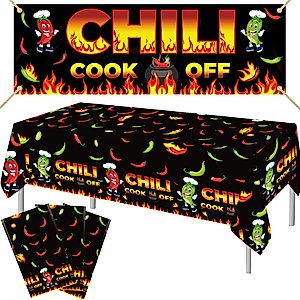Tkifoda Chili Cook Off Decorations, 71" x 24" Chili Cook Off Banner, 3 Pcs Chili Pepper Plastic Tablecloth Table Cover 53" x 108", Mexican Fiesta Chili Cooking Party Supplies