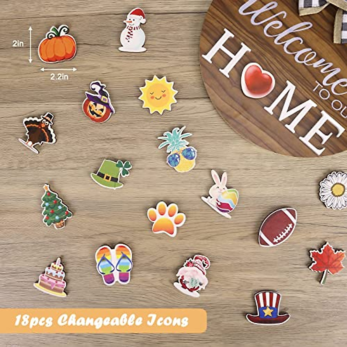 JPSOR Interchangeable Seasonal Welcome Sign, Round Wood Wreaths with 18 Seasonal Icons for Front Door, Farmhouse Home Porch All Seasons Outside Decor
