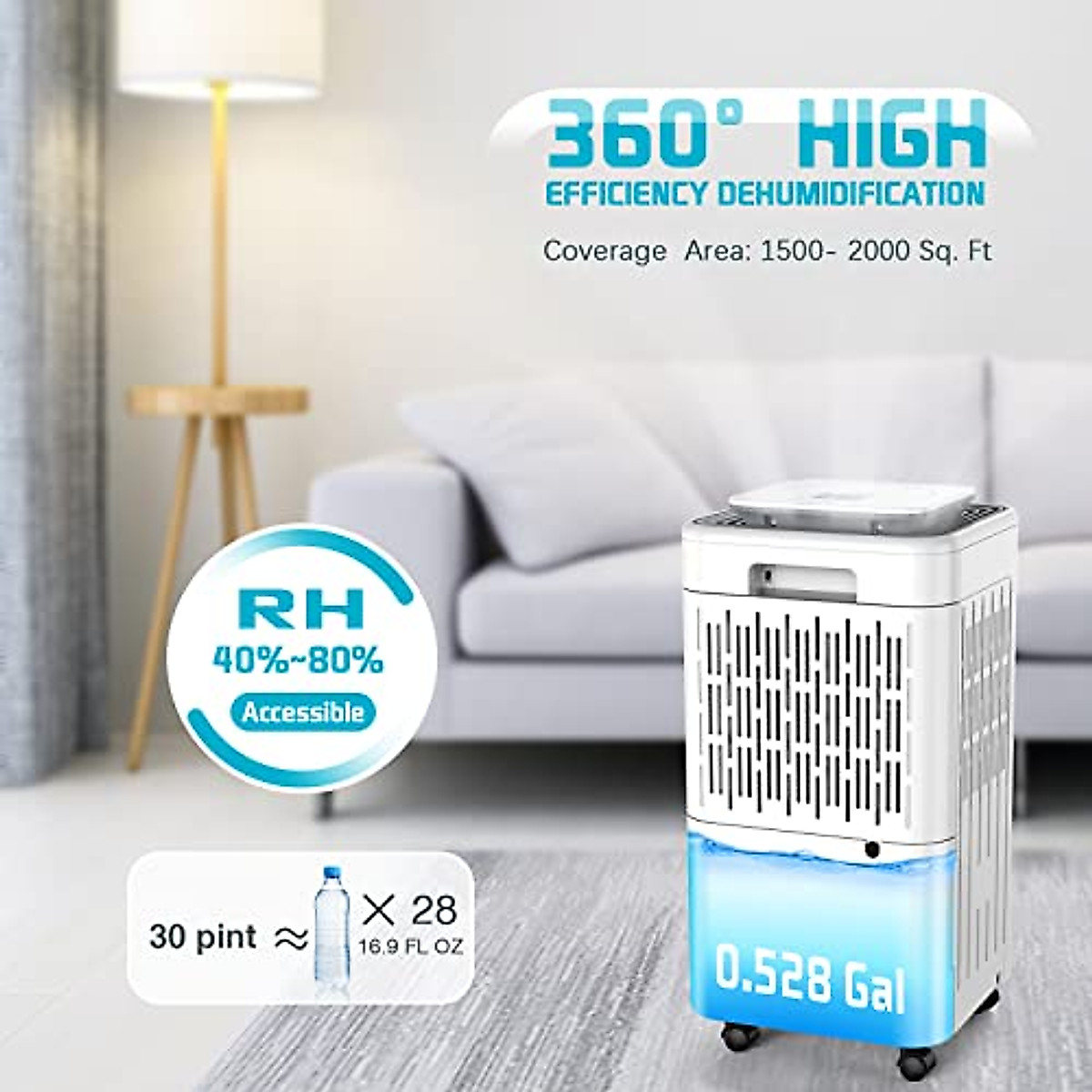 LUKO 2000 Sq. Ft Dehumidifiers for Large Room and Basements, 30 Pints Dehumidifier with Drain Hose, Auto or Manual Drainage, 0.528 Gallon Water Tank, Auto Defrost, Dry Clothes Function, 24H Timer (white)