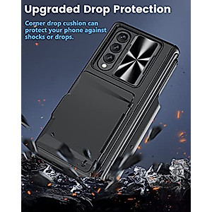 Viaotaily for Galaxy Z Fold 4 Case with S Pen Holder & Card Holder & Hinge Protection, Built-in Screen Protector & Slide Camera Cover, Durable Wallet Phone Case for Samsung Z Fold 4 5G 2022 (Black)