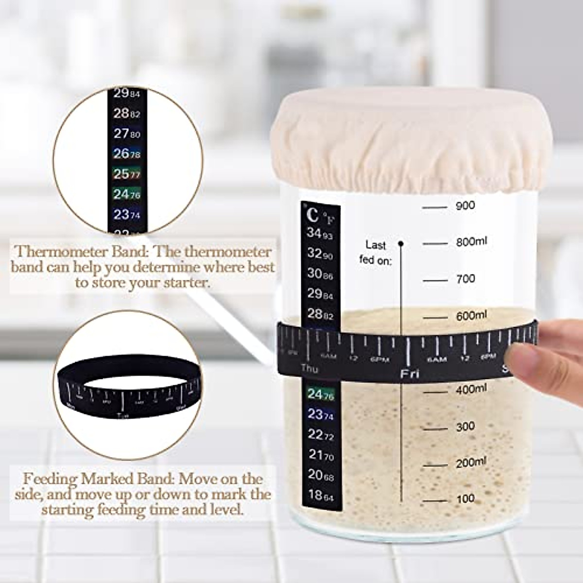 NEOBELLA Sourdough Starter Jar Kit, Sourdough Starter Jar with Thermometer, Scraper, Cloth Cover and Lid. Reusable Sourdough Jar Kit Use for Home Bakery