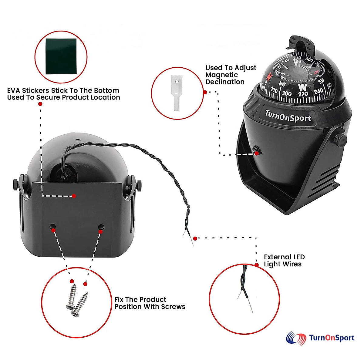 Boat Compass Dash Mount Flush - Boating Compass Dashboard Suction - Navigation Marine Compass Boats Surface Mount - Illuminated Dashboard Compass Ship - Electronic Sea Compass Suction Cup (Black)