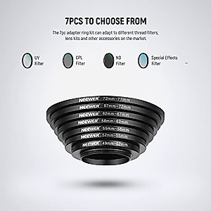NEEWER 7PCS Step Up Rings Filter Adapter, 49-52mm, 52-55mm, 55-58mm, 58-62mm, 62-67mm, 67-72mm, 72-77mm Threaded Premium Anodized Aluminum Frame
