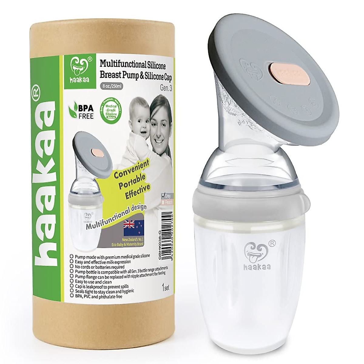 haakaa Gen.3 Manual Breast Pump 8oz/250ml (Grey) with Lid - Silicone Breast Pump for Breastfeeding Mom Collector Liquid Gold, 3rd Generation haakaa Pump with Large Capacity & Strong Suction
