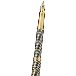 PARKER Sonnet Fountain Pen, Prestige Chiseled Silver with Gold Trim, Solid 18k Gold Medium Nib