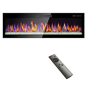 60 inch Recessed Ultra Thin Tempered Glass Front Wall Mounted Electric Fireplace with Remote and Multi Color Flame & Emberbed, LED Light Heater