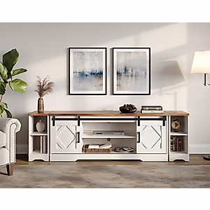 WAMPAT Modern Farmhouse 3 in 1 TV Stand for up to 85" TVs Wood Entertainment Center with Open Storage for Living Room,Antique White