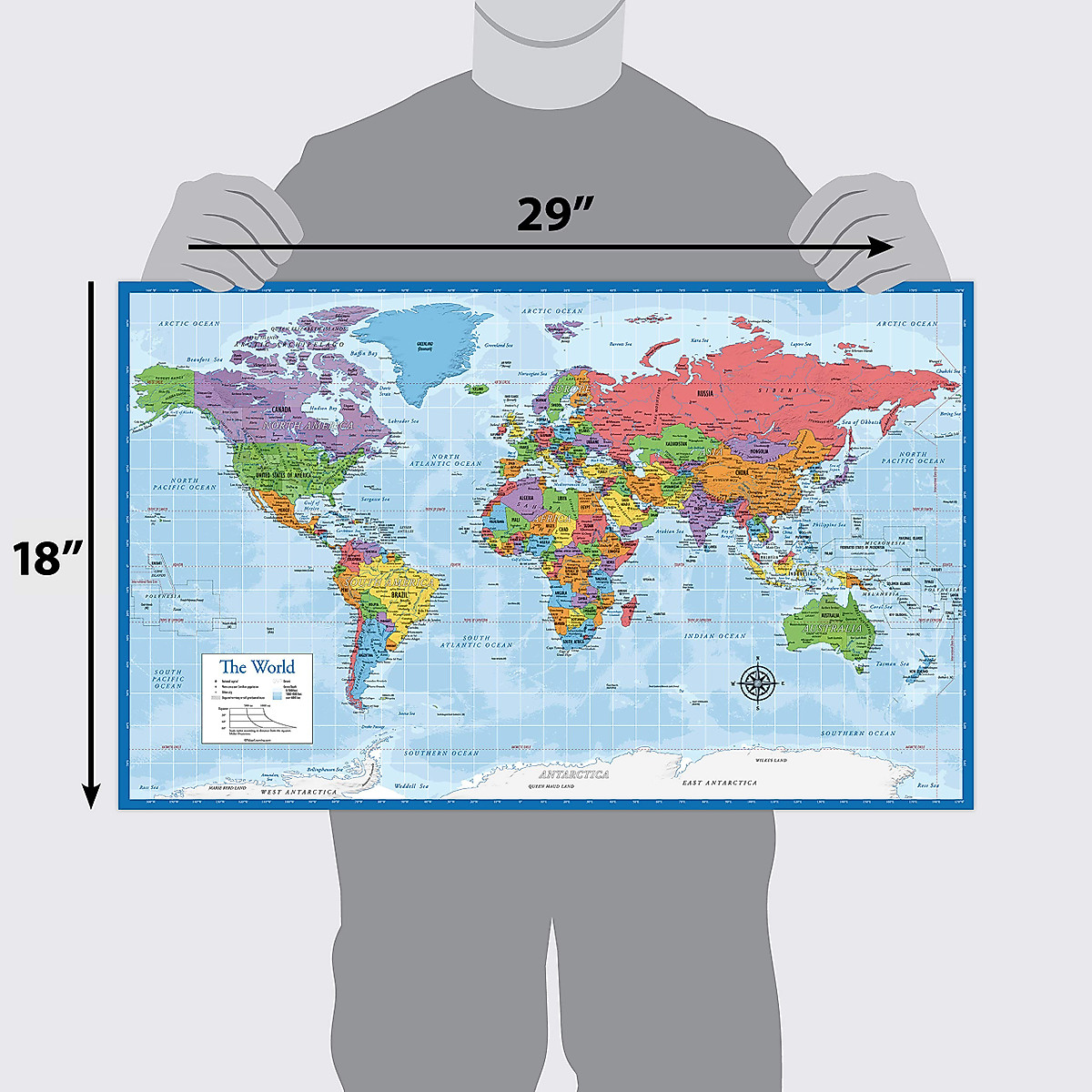 Laminated World Map - 18" x 29" - Wall Chart Map of the World - Made in the USA