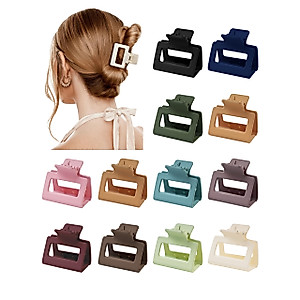 Hair Claw Clips Set - 12 Matte Pieces, Non-Slip Thick and Thin Styles for Thin and Medium Hair, Square Design for Women
