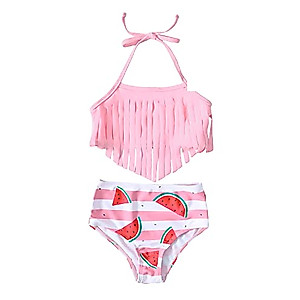 4T Toddler Girl Swimsuit Little Kids Triangle Bikini Tassel Halter Tankini Top 2pc Watermelon Bathing Suit 4T 5T Swimsuit for Girls Light Pink