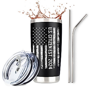 JENVIO New US Citizen Gifts 2024 | 20oz Steel Travel Tumbler for Coffee or Cold Drinks 2 Lids 2 Straws and Gift Box and Card | American Flag Citizenship Congratulations Mug Valentine's