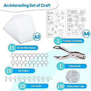 Mocoosy Shrink Plastic Kit for Shrinky Dinks, 148PCS Heat Shrinky Art Sheets for Kids, Clear Frosted Shrink Paper Include Shrinkable Films & DIY Keychain Earring Making Accessories Craft Activity Set