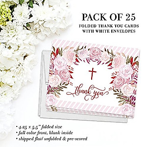 DB Party Studio Set Baby Baptism Invitations with Matched Thank You Notes ( 25 of Each ) Envelopes Included, 5 x 7" Lovely Pink Roses Fill-in Invites & Folded Thanks Cards Infant Christening Pair