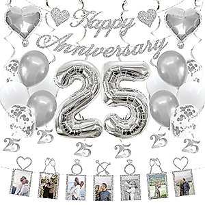 25th Anniversary Decorations Party Supplies Set of Happy Anniversary Photo Banner and Balloons,Hanging Swirls for 25 year Wedding Anniversary decor(silver)