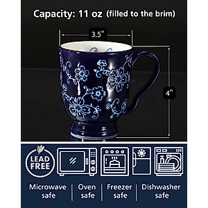 KUNABOO Artisanal Ceramic Mugs, Ceramic Coffee Cups, Coffee Mug Set of 2-11 oz -Sakura Floral Series Midnight Blue - Ready to Wrap Gift