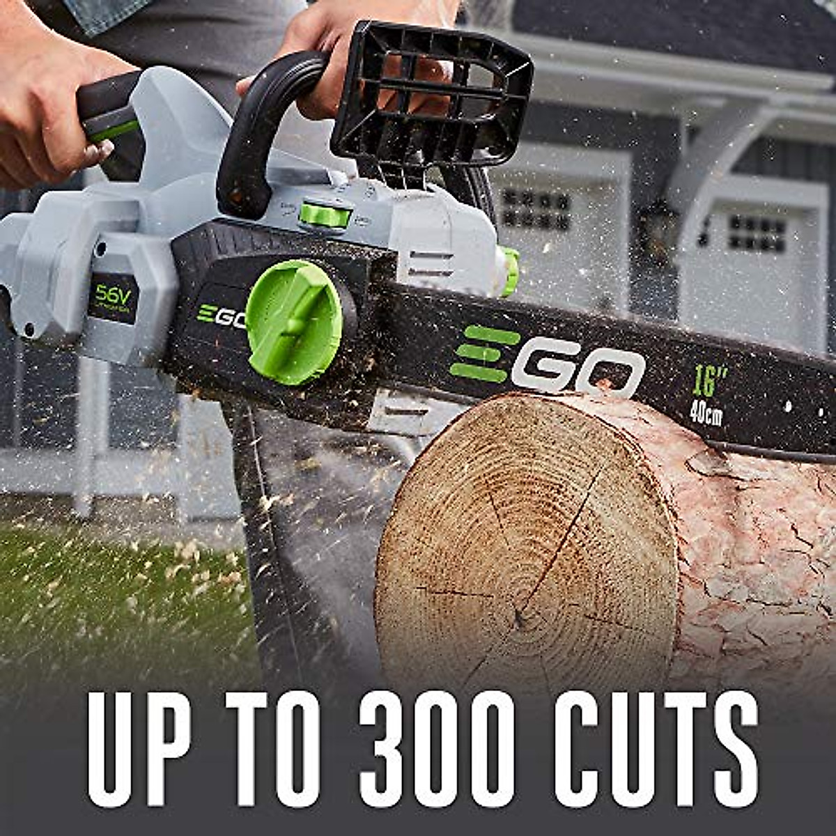 EGO Power+ 16-Inch 56-Volt Lithium-ion Cordless Chainsaw - 5.0Ah Battery and Charger Included, Black & CFM Variable-Speed 56-Volt Lithium-ion Cordless Leaf Blower 5.0Ah Battery and Charger Included