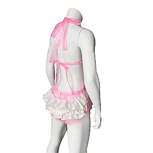 Haian Adult Baby PVC Snap Through Crotch Romper with Frills (Transparent Pink, X-Large)