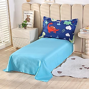 Wowelife Toddler Bedding Sets for Boys, Premium 4 Piece Dinosaur Toddler Comforter Set, Blue Bed-in-a-Bag, Super Soft and Comfortable for Toddler