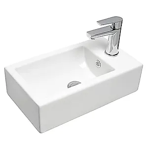 AMASHEN 18" Wall Mount Bathroom Sink, Floating Vanity Unit Sink, Small Rectangular Ceramic Cloakroom Wash Basin, White, Right Hand