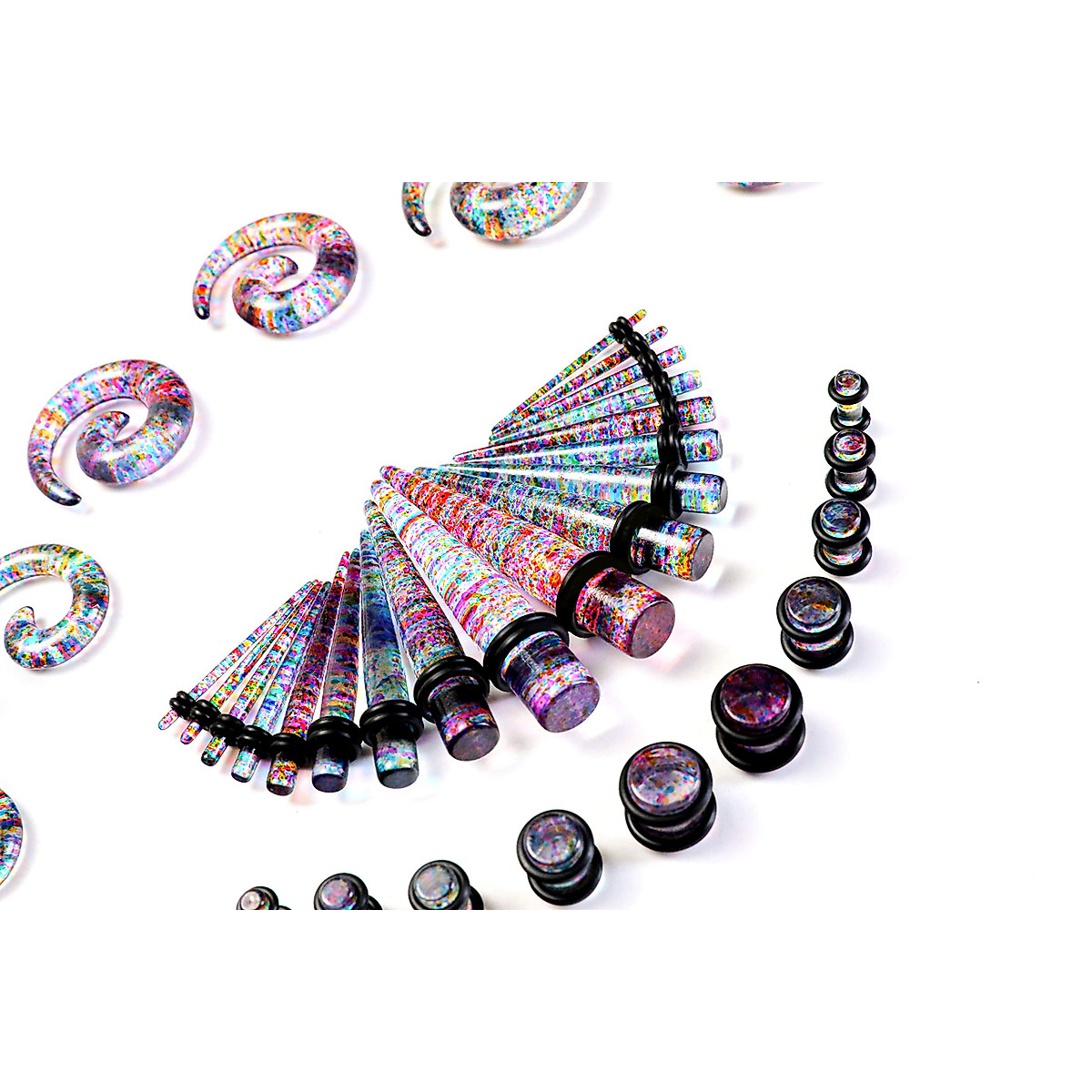 WBRWP 54PC Gauges Kit Ear Plugs and Tunnels Stretching Expander-Starter : 14G-00G Color Splash Acrylic Tapers and Plugs with Double O-Ring and Spiral Taperss Body Piercing Colorful set