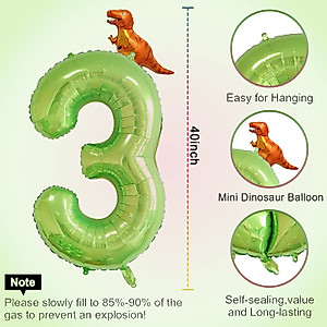 HIBILDER 2pcs Set, 40 Inch Green Number 3 & Mini Dinosaur Balloon for Boys Birthday Party Decorations, Jungle Green Theme, Children's Party Supplies