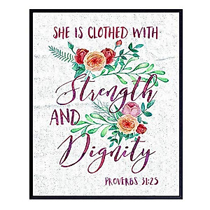 She is Clothed With Strength and Dignity - Christian Wall Decor - Proverbs 31 - Bible Verse Wall Art - Scripture Wall Decor - Inspirational Gift for Women, Girls - Religious Gifts - God Wall Decor