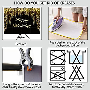 Dienalls 7x5ft Happy Birthday Backdrop for Women Girls Black and Gold Glitter Bokeh Sequin Spots Background for Photography Golden Sparkle Shining Photo Booth Props Party Banner Cake Table Decor