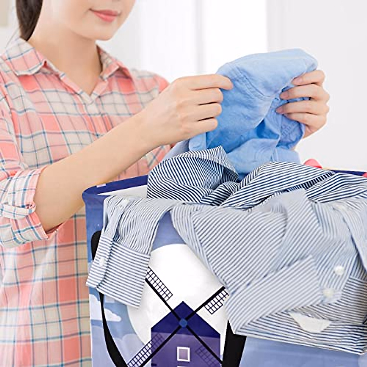 Windmill Purple Laundry Basket Large Cloth Organizer Bag Basket Foldable Laundry Hamper with Handles