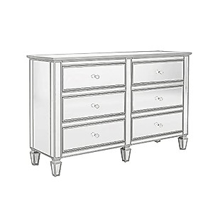 SOFTSEA Modern 6 Drawer Mirrored Dresser, Glass Dresser & Chest of Drawers for Bedroom, Silver Finished Storage Cabinet with Crystal Knobs, Easy Assembly