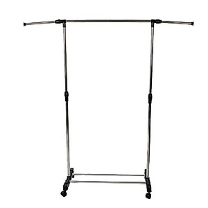 Clothes Garment Rack Clothing Rack Single Bar Adjustable Garment Racks Rolling Clothes Organizer Vertical and Horizontal Stretching Hanging Rod Stand Clothes Rack with Shoe Shelf and Wheels