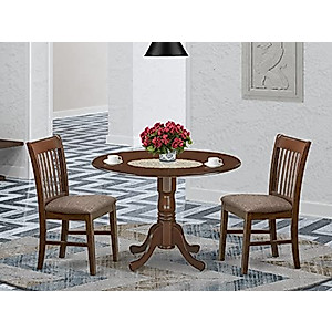 East West Furniture Dublin 3 Piece Kitchen Table & Chairs Set Contains a Round Room Table with Dropleaf and 2 Linen Fabric Upholstered Dining Chairs, 42x42 Inch, Mahogany