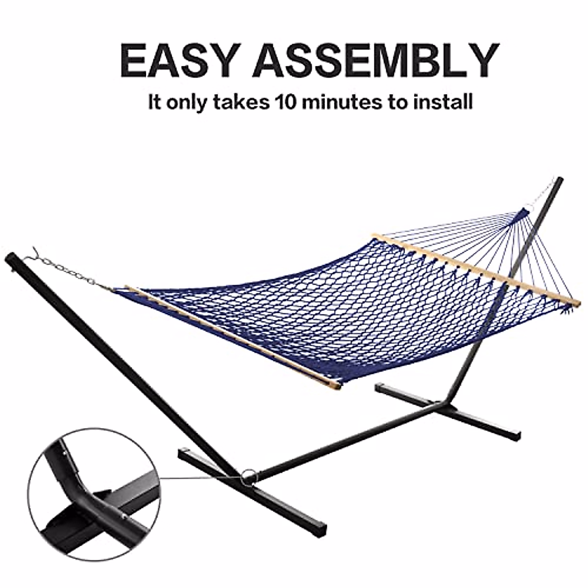 PNAEUT Max 475lbs Capacity Double Hammock with Stand Included 2 Person Heavy Duty Traditional 2 People Rope Hammocks Stand with Pillow for Outside Porch Patio Garden Backyard Outdoor (Navy)