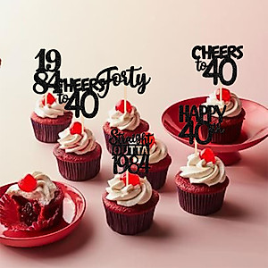 30PCS Black 40th Birthday Cupcake Toppers Glitter Forty Happy 40th Straight Outta 1984 Cupcake Picks for Cheers to 40 Years 40th Birthday Wedding Anniversary Party Decorations Supplies