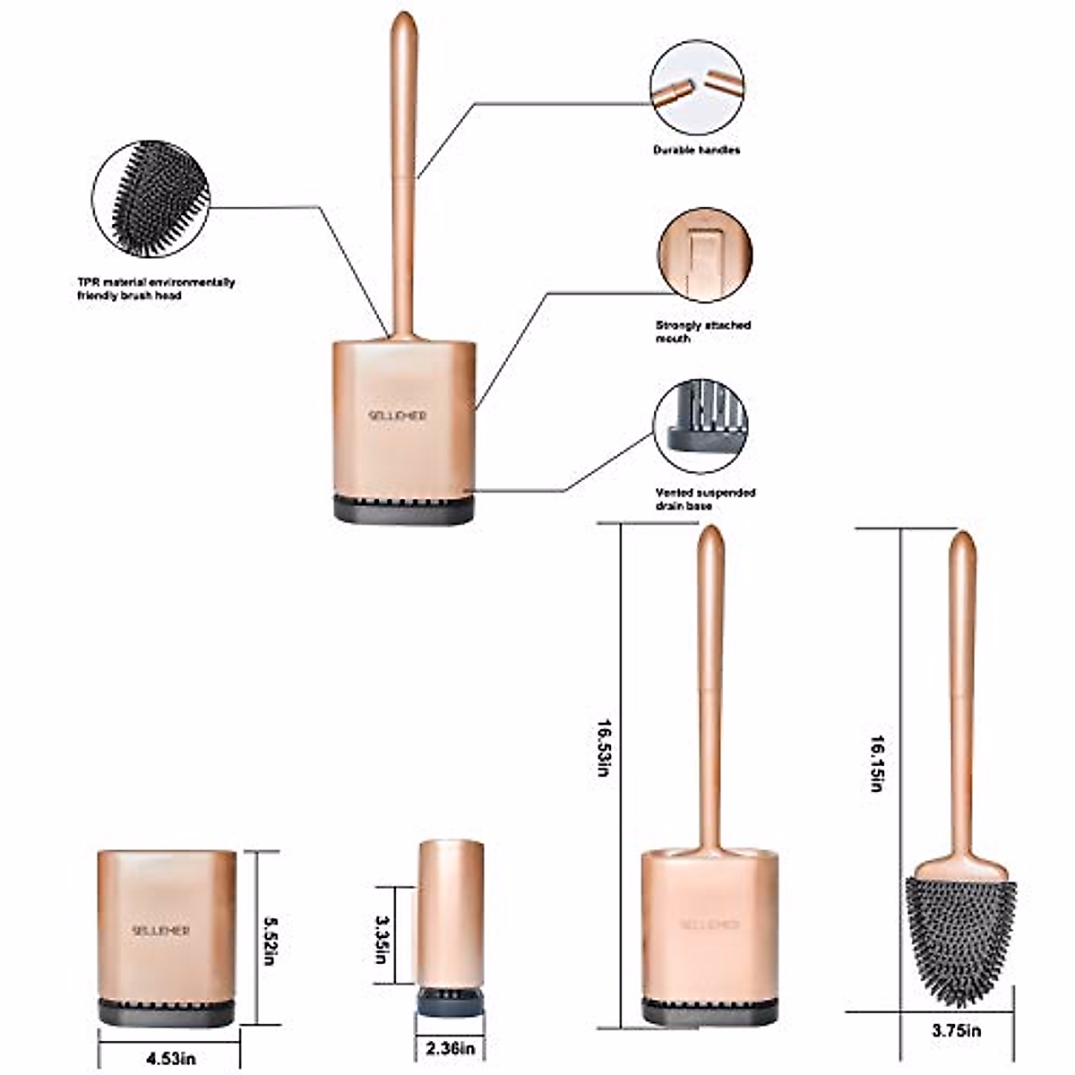 Sellemer Toilet Brush and Holder Set for Bathroom, Flexible Toilet Bowl Brush Head with Silicone Bristles, Compact Size for Storage and Organization, Ventilation Slots Base (Rose Gold)