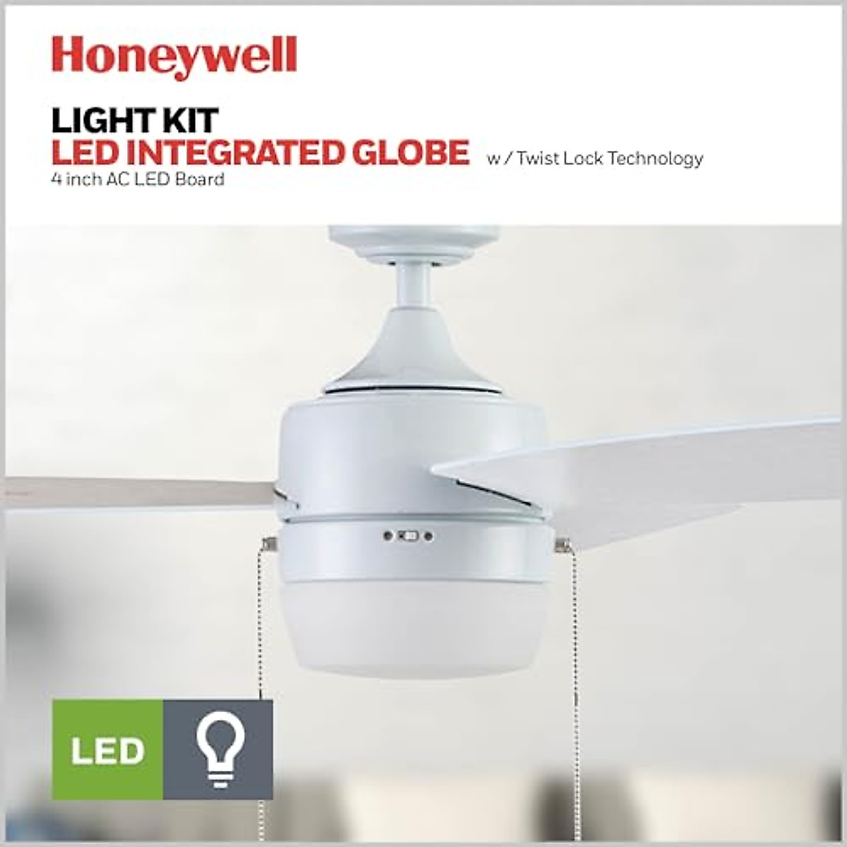 Honeywell Ceiling Fans Barcadero Modern 44 Inch Ceiling Fan with Light, Pull Chain LED Indoor Fan with 3 Blades, White Maple and White Blade Finish Options, Bright White (51475-01)