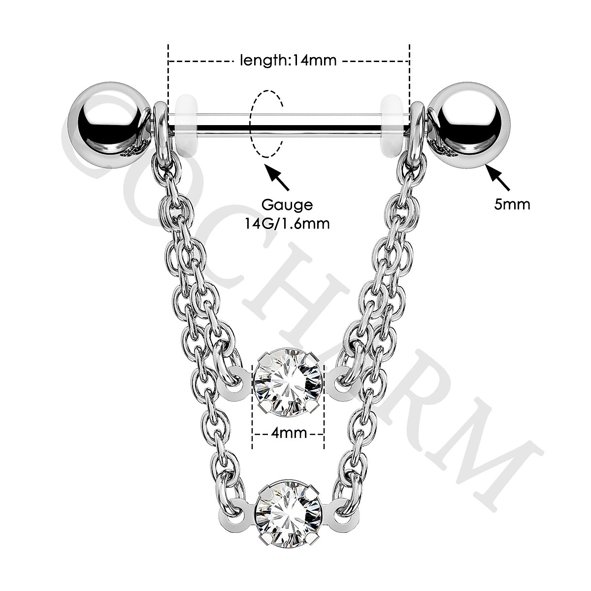 COCHARM 2pcs Stainless Steel Nipple Rings 14g Nipple Barbell Dangling Chain CZ Nipple Piercing Jewelry for Women