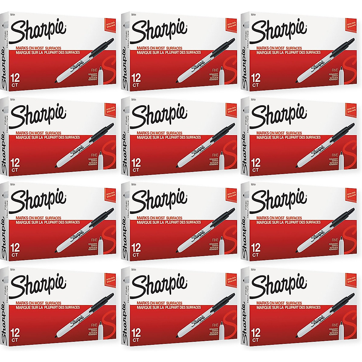 Sharpie 32701 Retractable Permanent Markers, Fine Point, Black, 144 Count (12 Boxes of 12 Markers each Box)