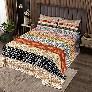Bohemian Stripe Coverlet Set King Size Turquoise Orange Boho Bedspread for Kids Boys Girls Exotic Floral Folkloric Decor Quilted Coverlet Colorful Retro Farmhouse Bedspreads Quilt Set