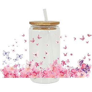 Pink UV DTF Cup Wrap, 1/7Sheets Flower Butterfly Coffee Cup Rub on Transfers for Glass Cups, UV DTF Cup Wrap Transfer Stickers Decals Waterproof Rub on Transfers for Glass Cups Crafts Vintage Iron-on