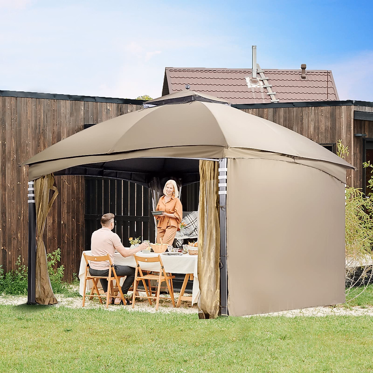 EasyLee 10x12 Gazebo Replacement Canopy, Double Teir Sunshade Polyester Soft Top Cover 10'x12' Gazebo #GF-12S004B-1(Beige)