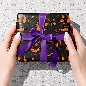 LDGOOAEL Wrapping Paper Roll with Cut Lines on Reverse - Mini Roll(17" X 120" Per Roll) - Purple Spider, Orange bat for Halloween, Birthday, Wedding, Baby Shower,Bridal Showers
