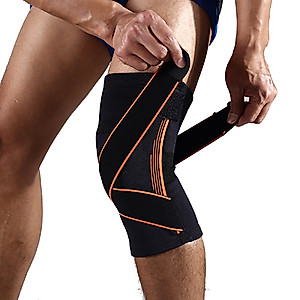 Dofover Knee Compression Sleeve with Pressure Strap 3D Weaving Pressurization Knee Brace Knee Support Professional Protective, Joint Pain Relief, Injury Recovery-Single (M, Black Orange)