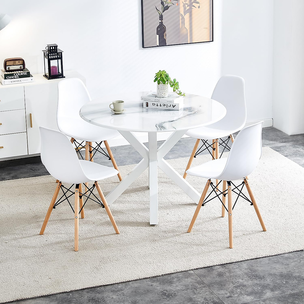 Modern Round Marble Dining Table 42.12" with MDF Table Top & Pedestal Base, Mid-Century White Kitchen Table Leisure Coffee Table Office Living Room Table