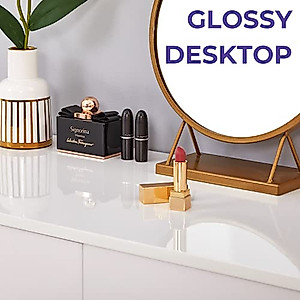 GreenForest Vanity Desk with Glossy Desktop, 39 inch Makeup Desk with 2 Drawers Dressing Table for Girls Women Bedroom Modern White Writing Computer Laptop Desk for Home Office, Gold