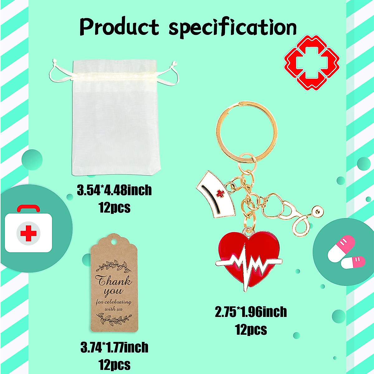 12 Sets Nurse Party Favors Nurse Graduation Decorations Doctor keychains with Red Heart Stethoscopes Organza Bags Thank You Cards for Graduation Party Supplies Hospital Medical Themed Party Decor