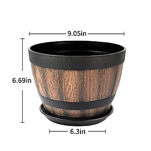 Quarut 9 Inch Plant Pots with Drainage Holes & Saucer,2 Pack Decor Flower Pots Canbe Used for Indoor Outdoor.Resin Whiskey Barrel Planters Imitation Wooden Barrel Design,Lightweight,no Fade.(Brown)