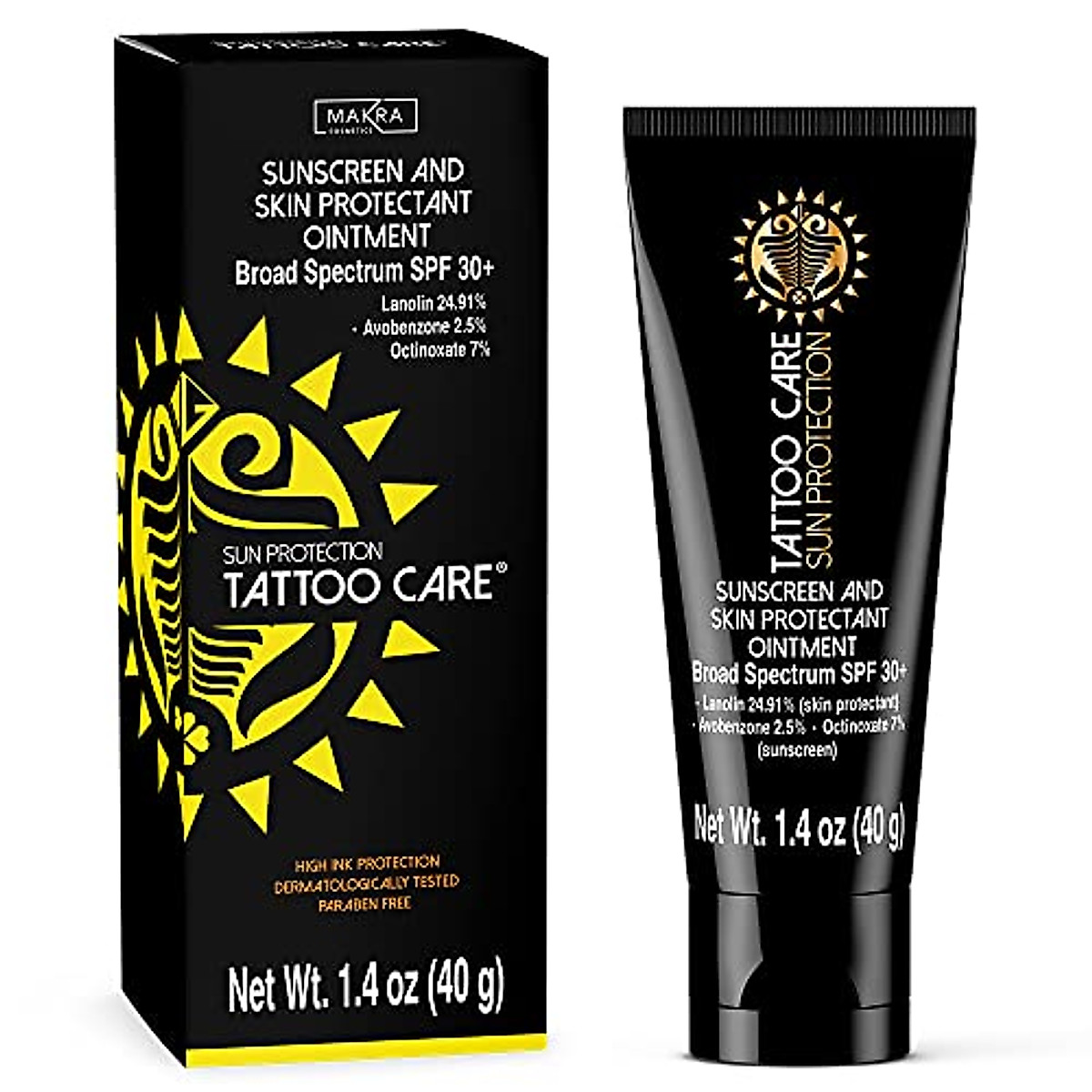 Makra Tattoo Care Sunscreen – SPF 30+ All Natural Tattoo Sun Protection - UVA/UVB Protection - Deeply Moisturizes and Protects Ink Against Fading - Enhances Colors, Water Resistant - 1.35 Oz/40 g