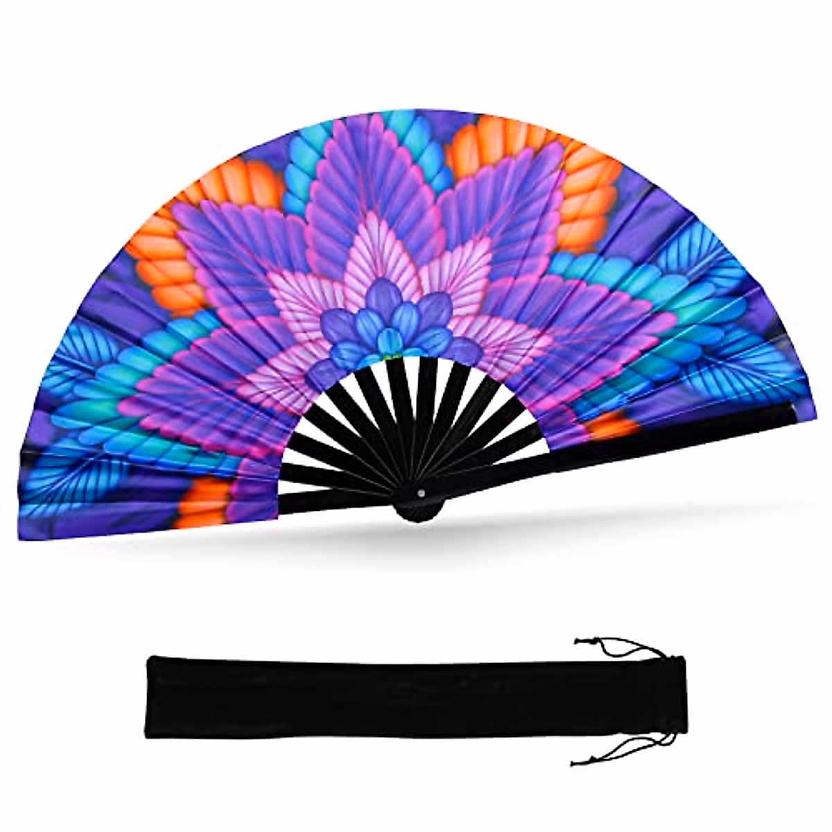 SYNTECSO Folding Hand Fan for Rave, UV Glow Fan, Large Bamboo Fan for Drag Queene, Women and Men Gift，Chinese Japanese Clack Fan for Parties, Music Festivals, EDM and Decoration