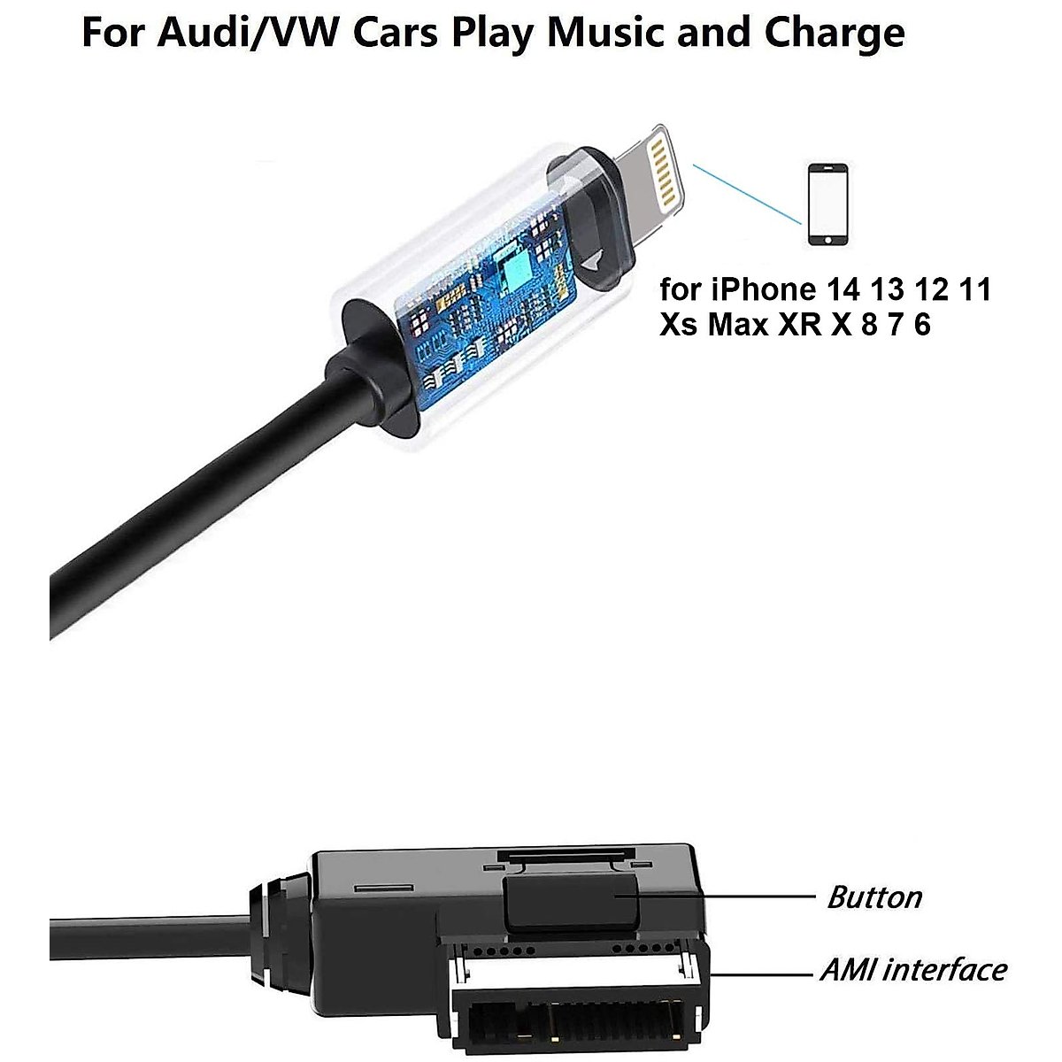 Car Audio Charging Adapter Cord Compatible with Apple iPhone 14 13 12 11 Xs Max XR X 8 7 6 for Audi A3/A4/A5/A6/A8/S4/S6/S8/TT, AMI MMI MDI Aux Interface Dongle for VW Tiguan CC Magotan