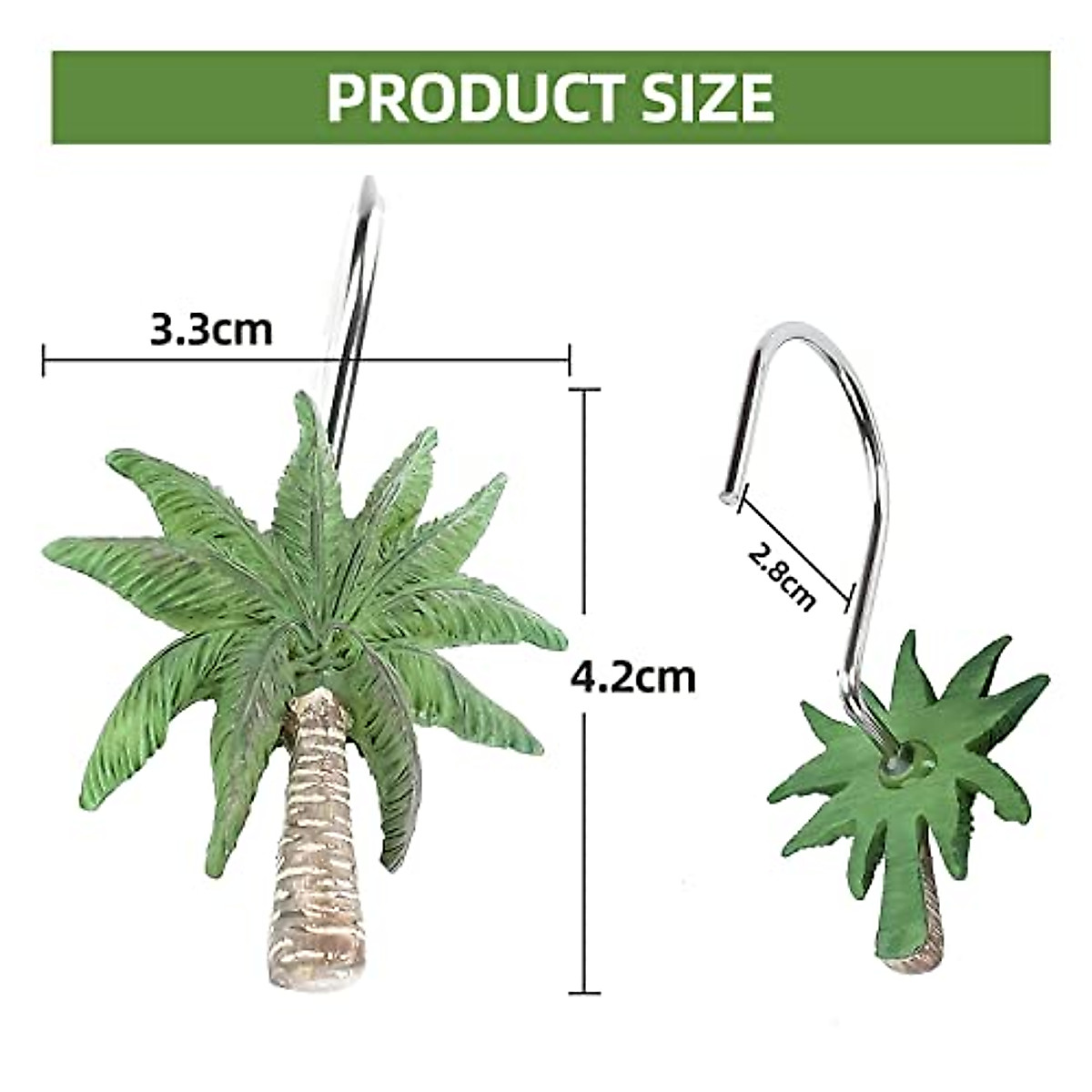 VEGA U Palm Tree Decorative Shower Curtain Hooks for Bathroom, Summer Tropic Themed Resin Bath Decor Rings, Set of 12 (Green)